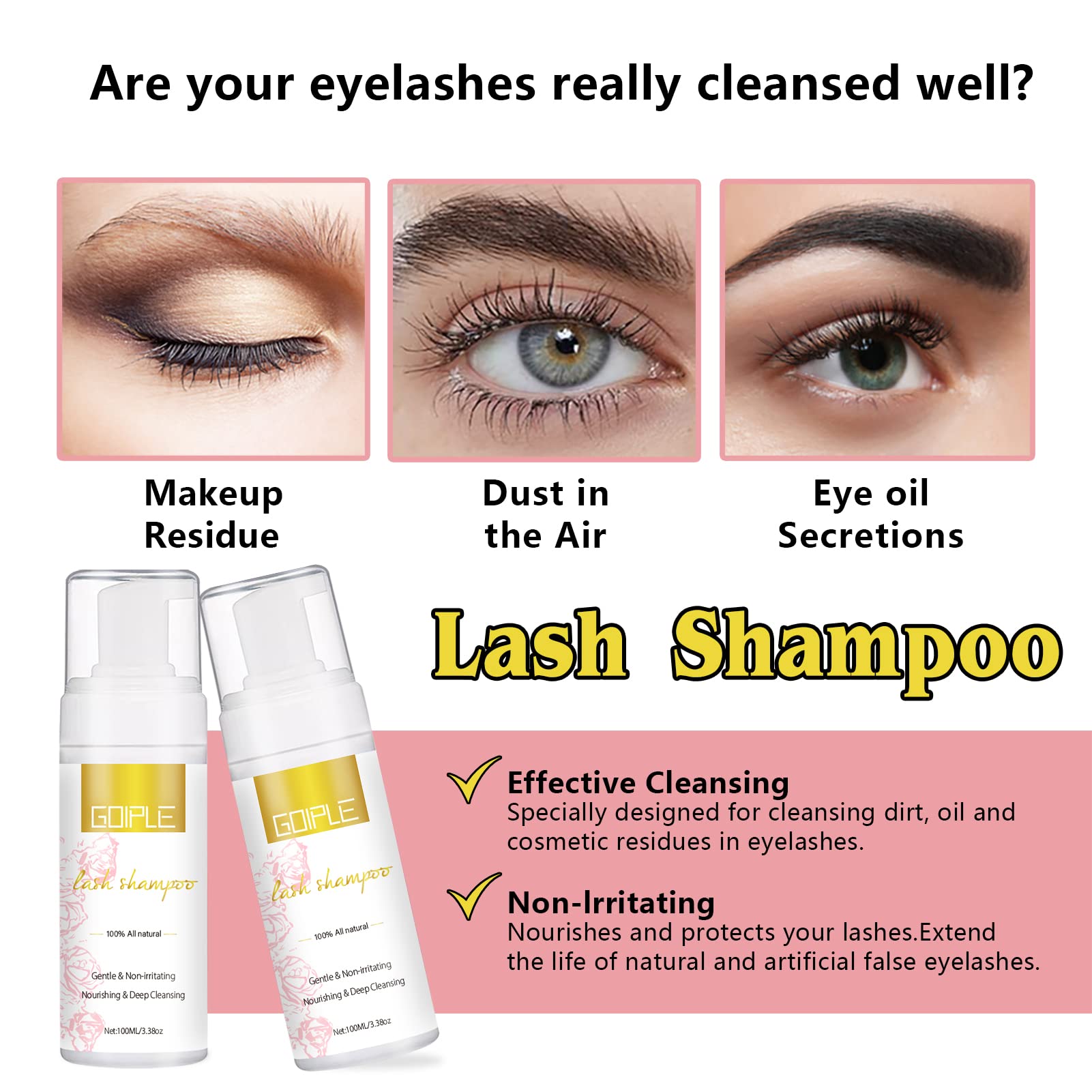 3.38OZ Eyelash Extension Cleanser Lash Mousse Lash Shampoo for Extensions, Natural Lashes Makeup & Mascara Remover Professional & Self Use with Cotton Puff Lash Cleanser 3.38Oz
