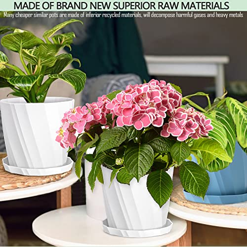 8 Inch Plastic Flower Pots Set 5 Pack with Drainage Holes and Saucers, Tray. Large Planters for Indoor Plants, House, Outdoor Plants, Orchid. Unique Decorative Planting Pots, White