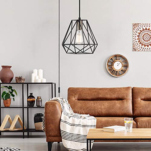 Globe Electric 60846 1-Light Plug-In or Hardwire Pendant Lighting, Dark Bronze, Antique Brass Accent Socket, Cage Shade, 15-Foot Black Fabric Cord, In-Line On/Off Switch, Pendant Lights Kitchen Island