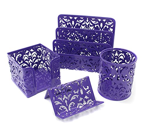 EasyPAG 5-Piece Desk Organizer and Accessories Set -Pencil Holder, Letter Sorter, File Holder,Business Card Holder and Sticky Note Holder,Purple