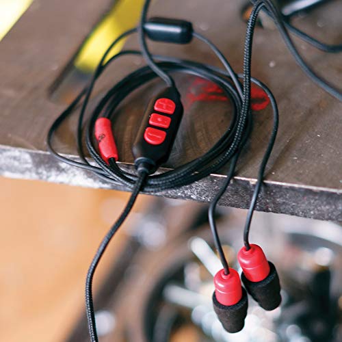 Plugfones Protector Plus VL in-Ear Earplug Earbuds, Noise Reduction Headphones with Noise Isolating Mic and Controls, Black & Red