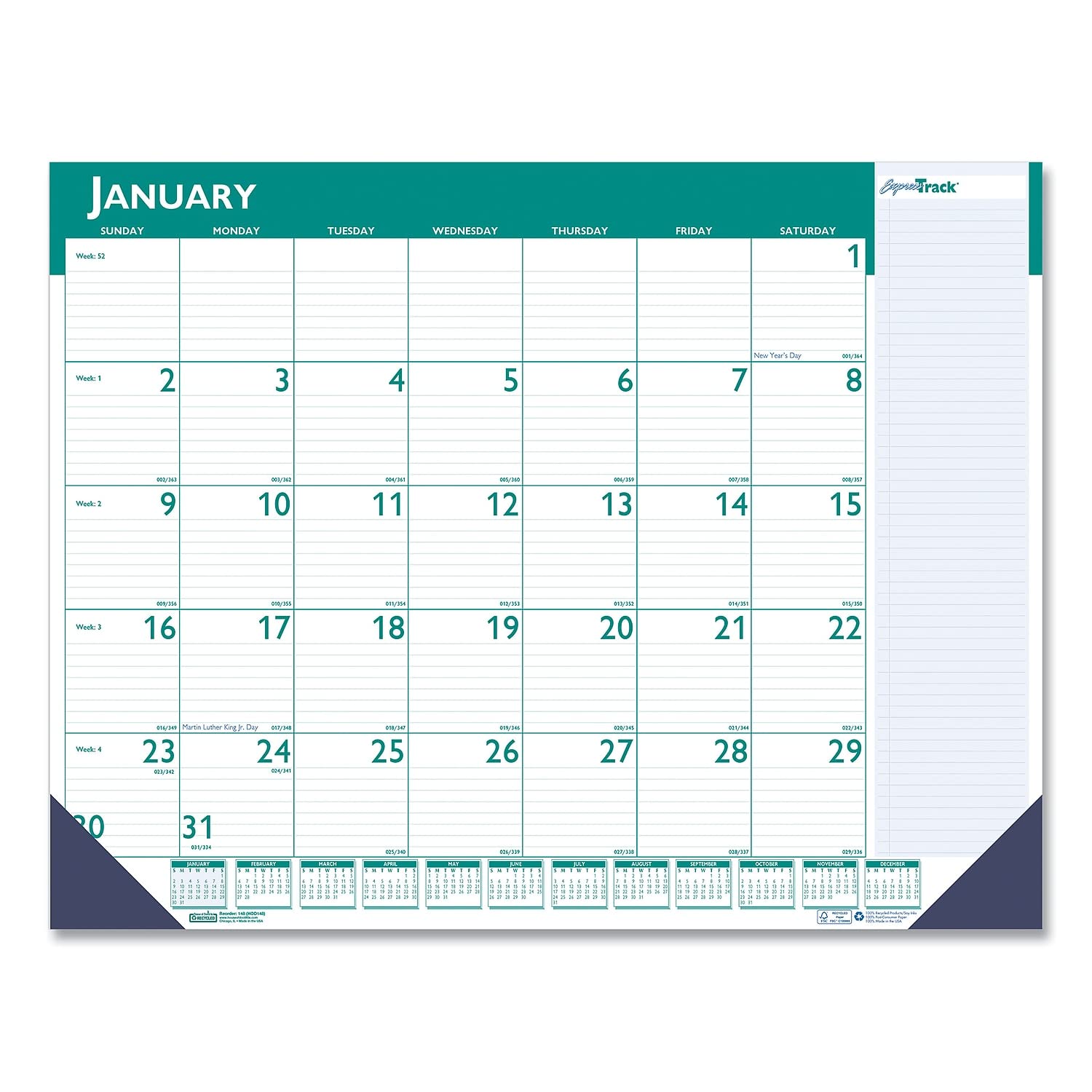 2024-2025 House of Doolittle 22 x 17 Express Track Monthly Desk Pad Calendar, White/Teal Sheets (HOD148)