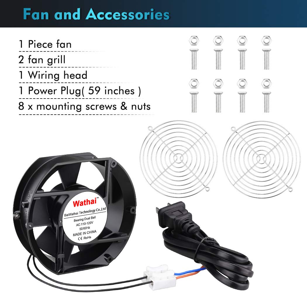 Wathai AC 110V 120V Axial Fan Big Airflow High Speed Dual Ball 172mm x 150mm x 51mm for DIY Cooling Ventilation Exhaust Projects For Server