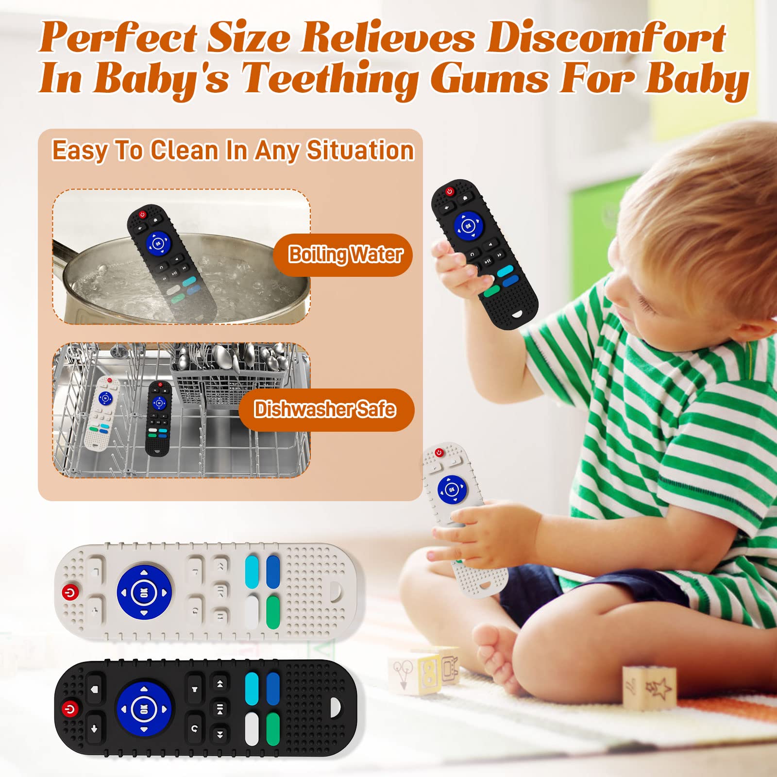 2-Pack Silicone Remote Control Baby Teether Toys, Teething Toys for Toddler, Chew Toy for Baby 6-12 Months, Sensory Press Toy (Black + Creamy White)