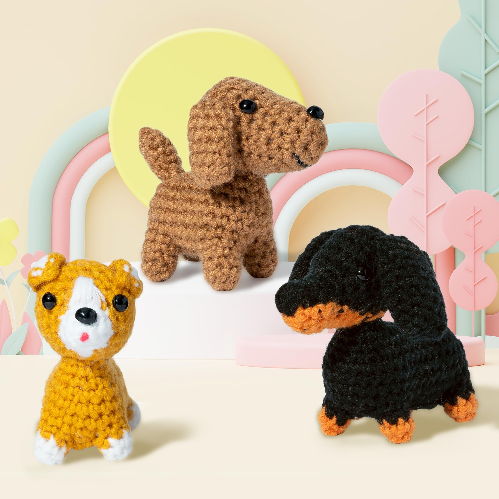 BWkoss Crochet Kit for Beginners, Cute Animal Dog Crochet Starter Kit Dachshund Golden Retriever Welsh Corgi DIY Yarn Knitting Craft Supplies with Step-by-Step Video Tutorials for Knitting Enthusiast