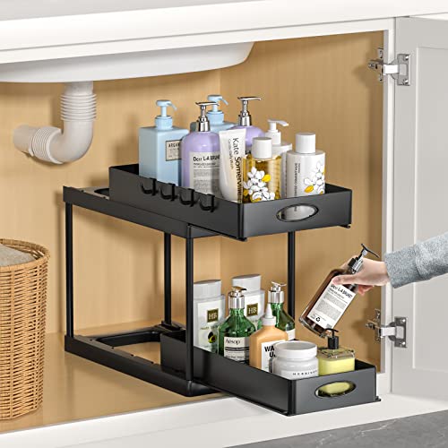 Aojia Under Sink Organizer with 2 Sliding Drawers, Bathroom Organizer Under Cabinet, Pull-out Under Sink Storage,Under Cabinet Storage for Kitchen and Bathroom