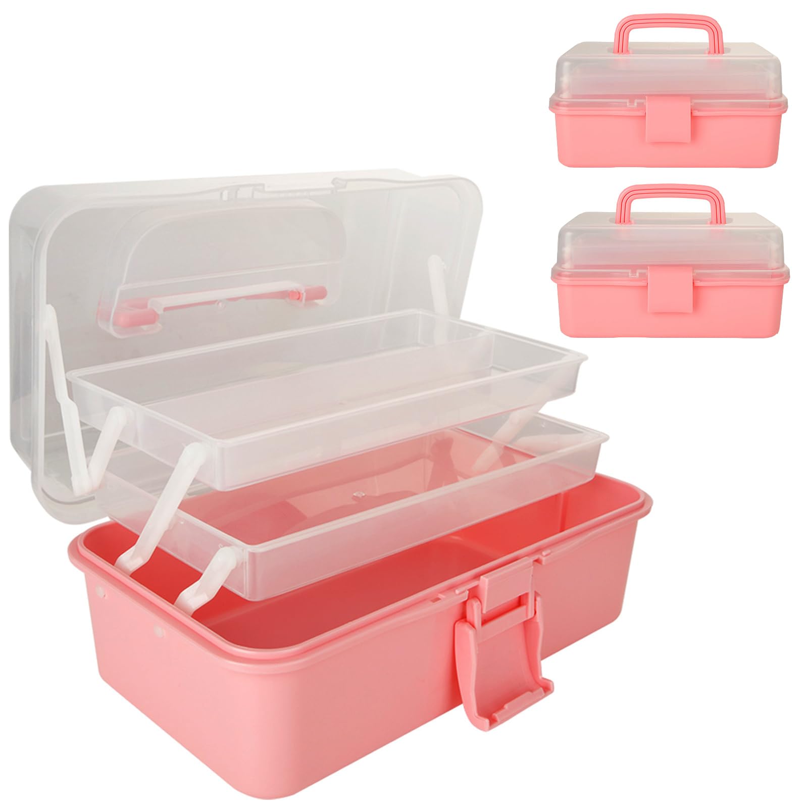 Acrux7 2 Pack Pink Tackle Box Organizer 3 Layers Craft Storage Organizers 10.6'' Plastic Portable Storage Box with Handle and 2 Trays, Folding Craft Box for Arts, Medicine, Sewing, Painting Supplies