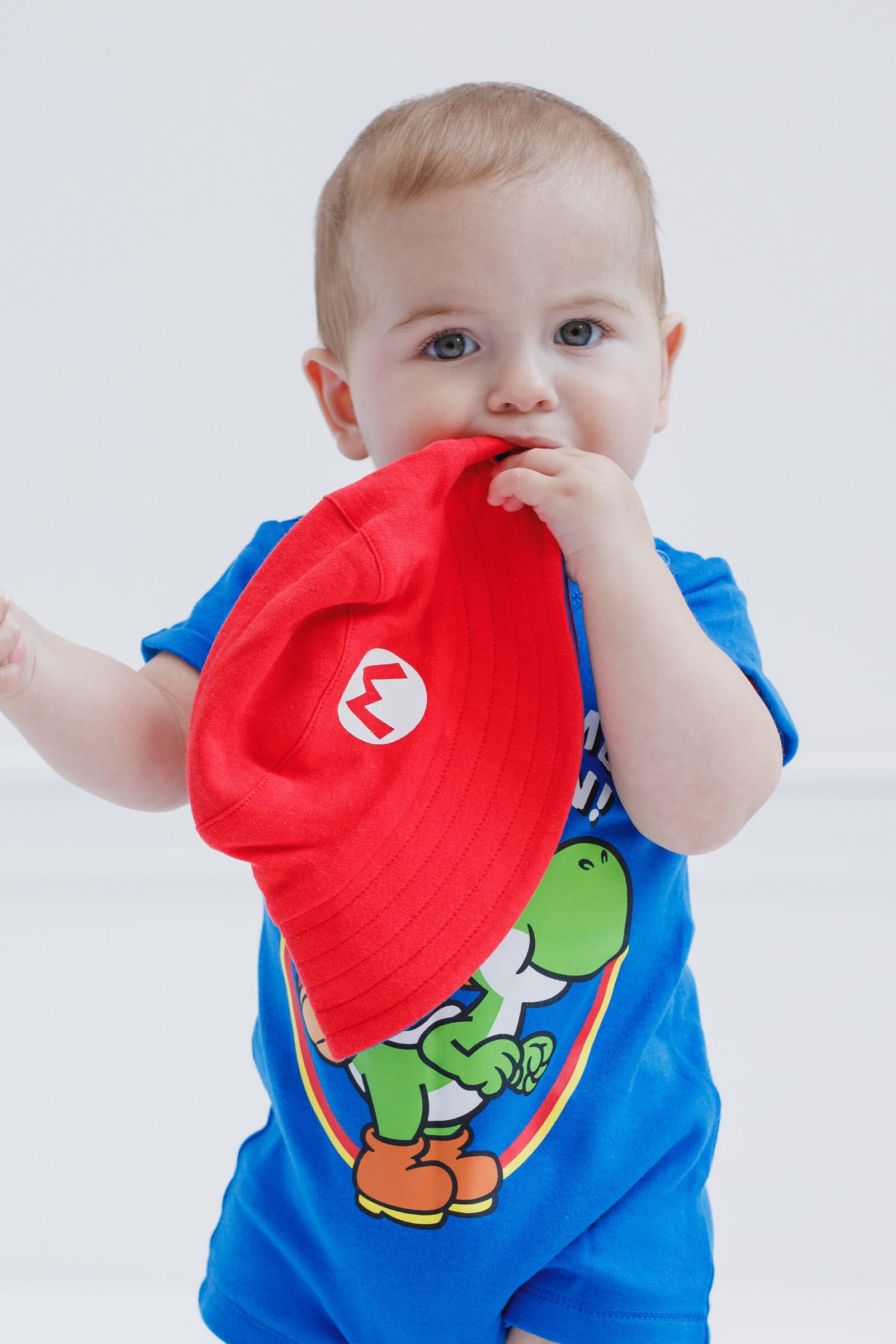 Super Mario Nintendo Mario Yoshi Infant Baby Boys Romper and Bucket Sun Hat Blue/Red 12 Months