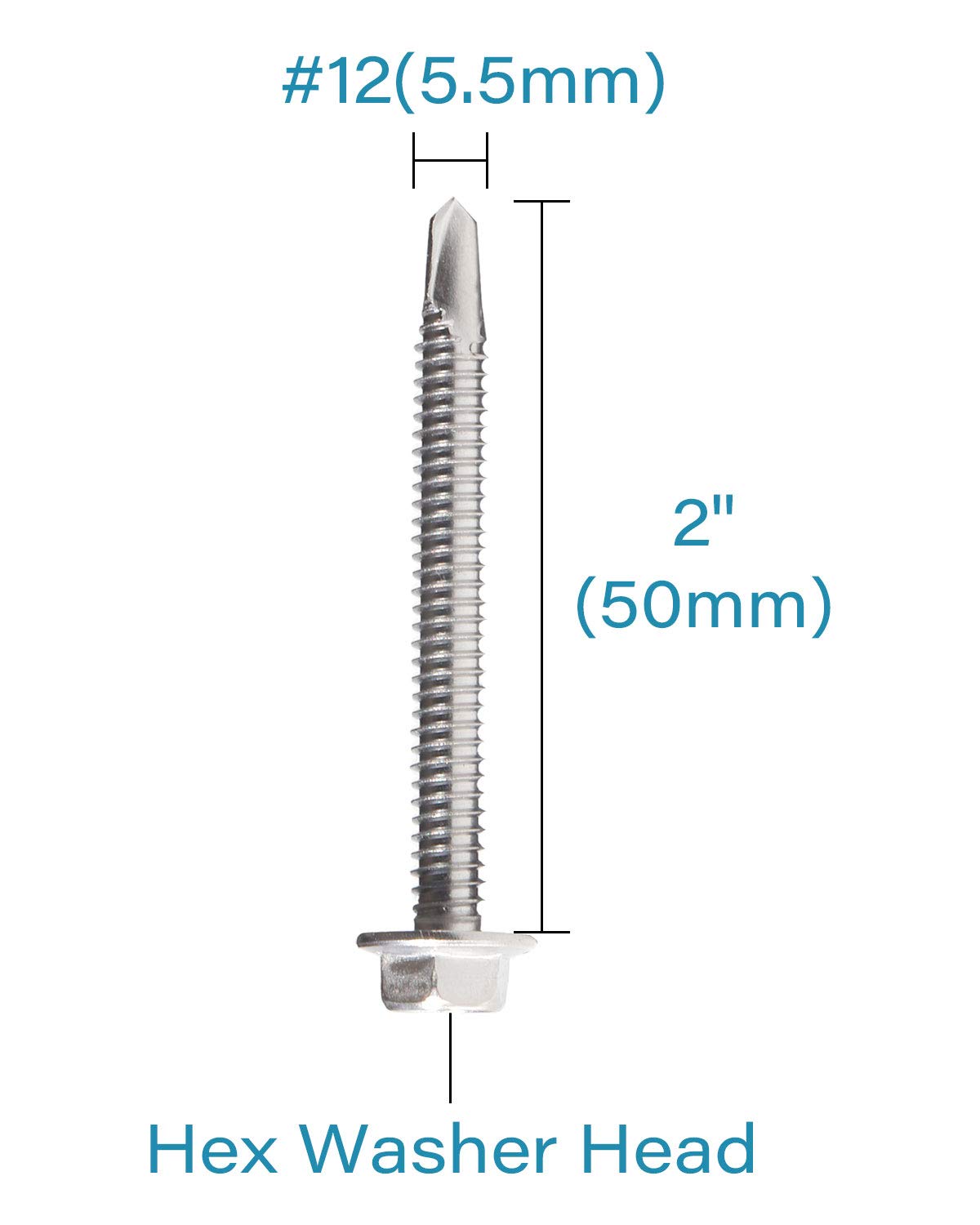 IMScrews 50pcs #12 x 2" Stainless Hex Washer Head Self Drilling Screws, 410 Stainless Steel Full Thread Sheet Metal Tek Screws