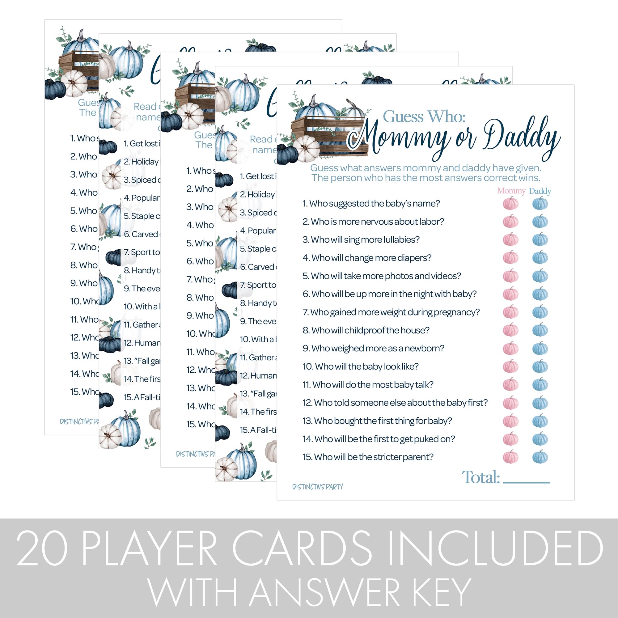 Blue Little Pumpkin Boy Baby Shower Party Games - Guess Who Mommy or Daddy and All Things Fall Matching Game (2 Game Bundle) - 20 Cards, Fall Baby Shower