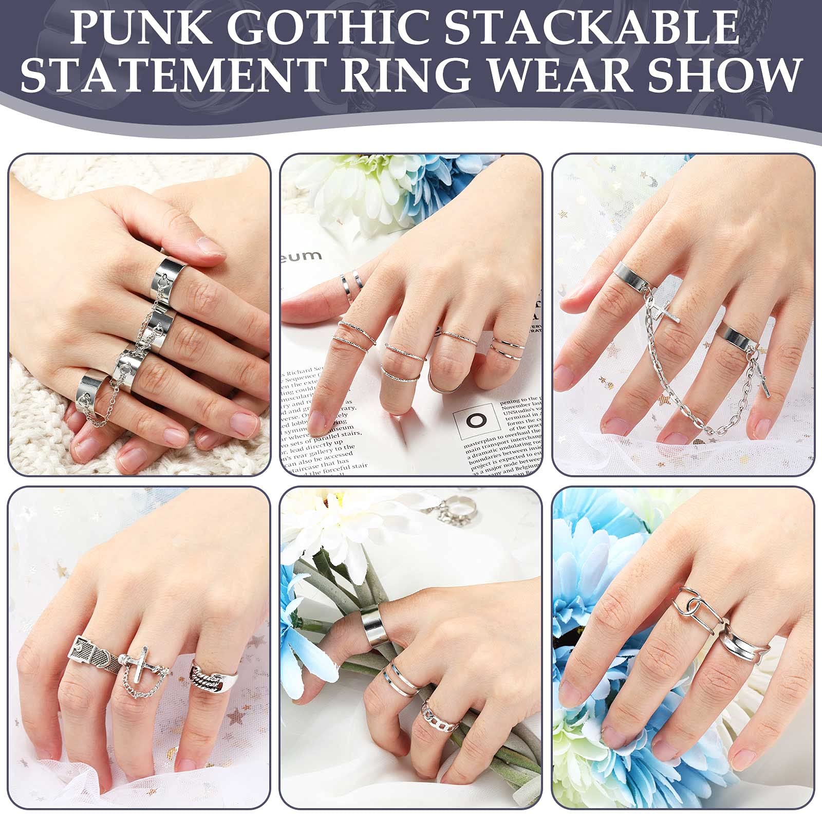 20 Pieces Vintage Silver Punk Chain Finger Rings Adjustable Stackable Vintage Ring Gothic Knuckle Ring Silver Punk Open Rings for Women Men