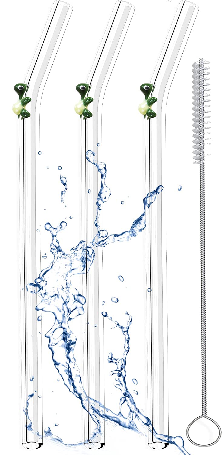 3pcs Reusable Glass Straws Green Turtle on Clear Bent Straw 8 in x 9 mm With Cleaning Brush, Perfect for Smoothies, Cocktails