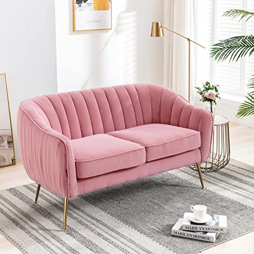 Altrobene Velvet Sofa Couch for Two People, Modern Loveseat for Living Room Bedroom Small Spaces, Blush Pink