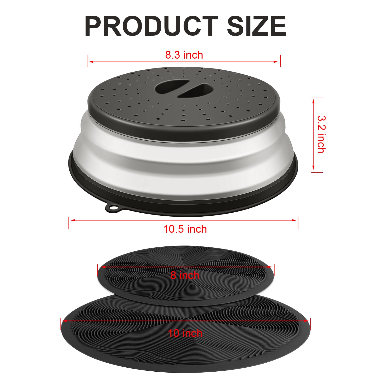 3 in 1, JesDiary Microwave Cover & Multi-purpose Mat-10" as Bowl Holder, 8" as Bowl Lid, Cover for Plate Food Splatter Guard & Kitchen Colander Gadget,Collapsible BPA Free Dish Washing Safe,Dark Grey