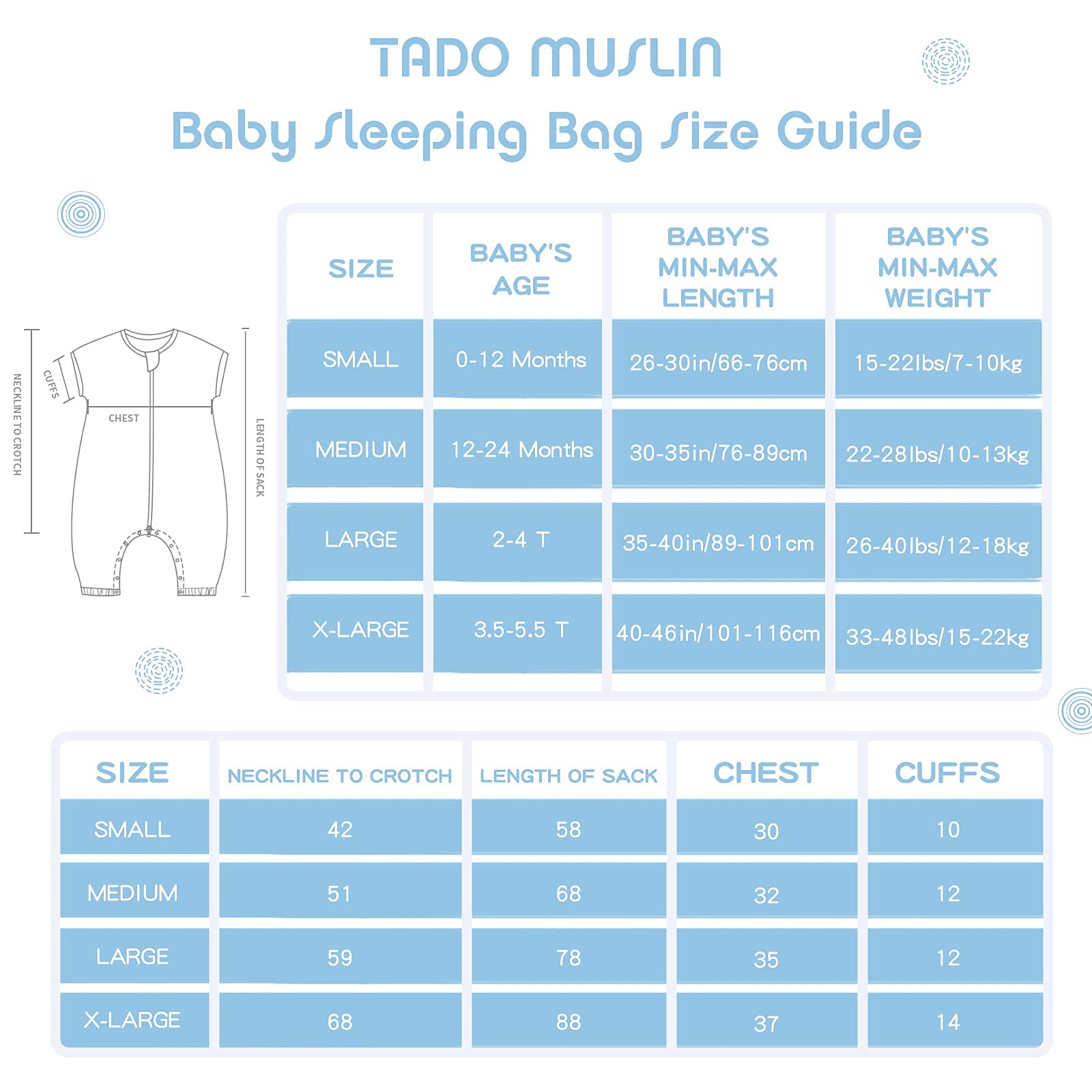 TADO MUSLIN Baby Sleeping Sack 100% Organic Cotton Toddlers Wearable Blanket with Legs, Blue Circle, 35",For 2-4 Years