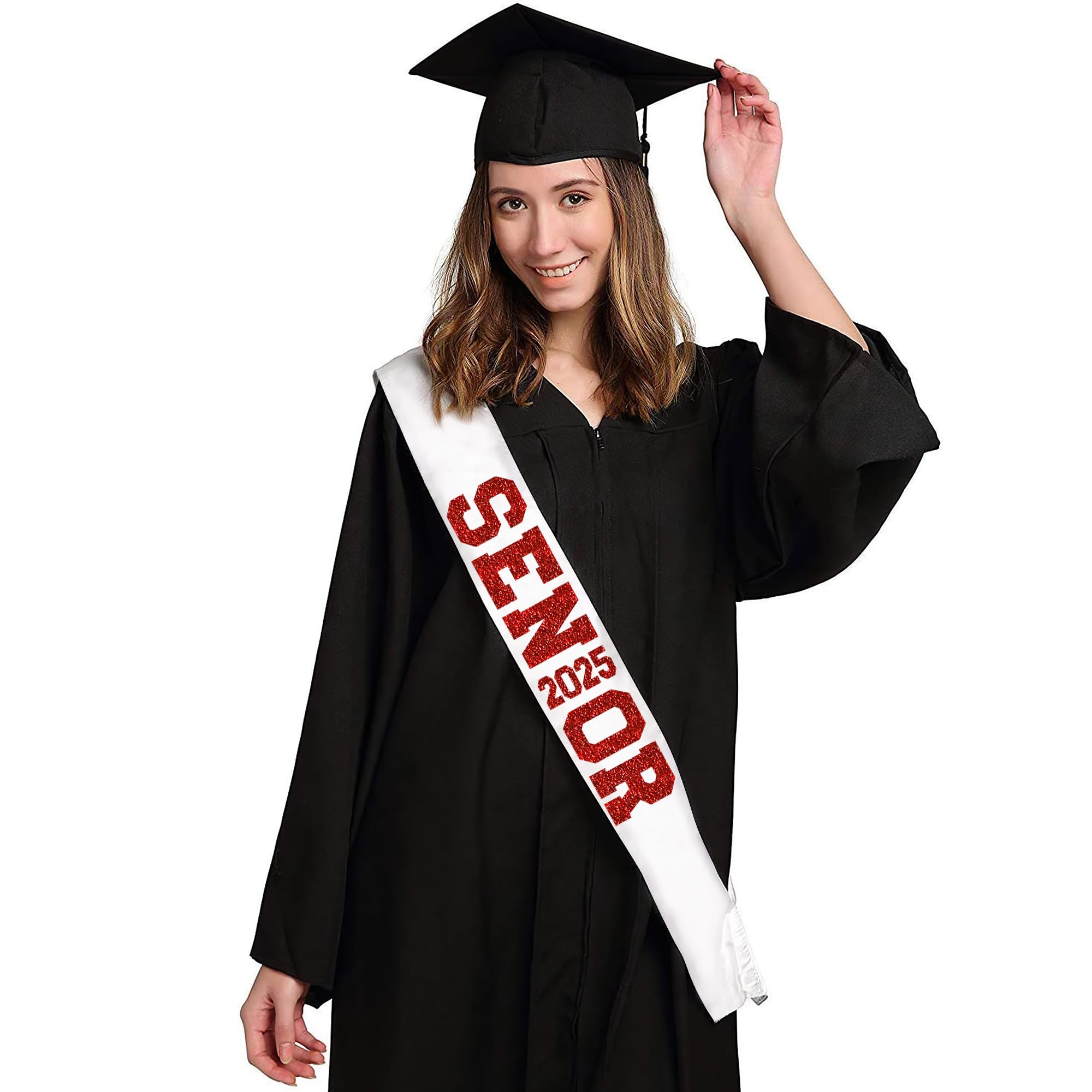 6Pcs White Senior 2025 Satin Sashes with Red Glitter Letters- 2025 Graduation Celebrations Sashes - Senior Cheer Sash - Cheerleader Sash - Class Competition Sashes