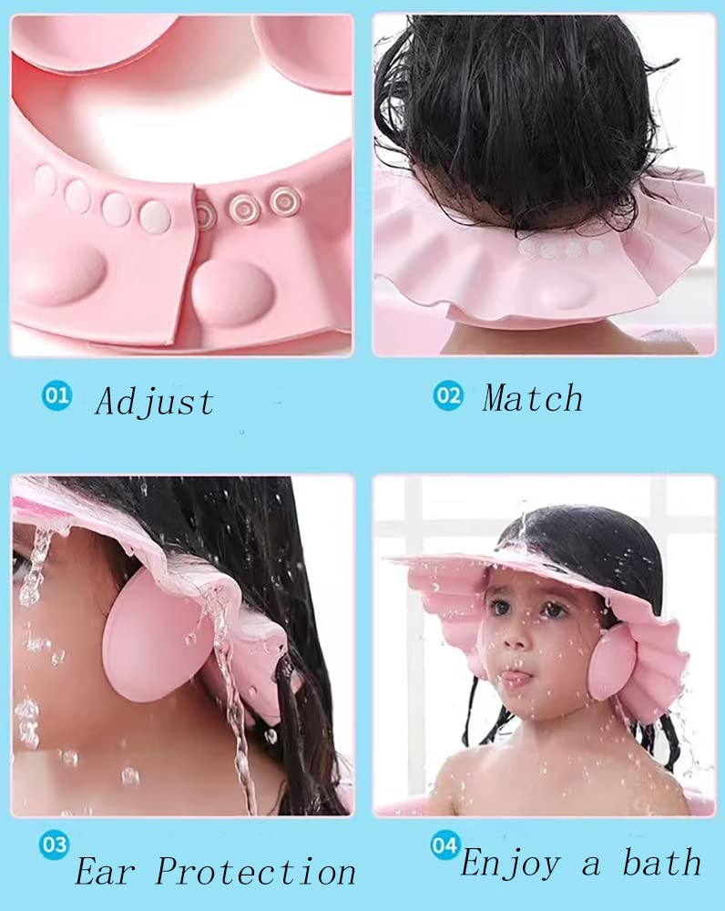 Anller 3 Pieces Baby Shower Cap, Soft Adjustable Bath Shampoo Cap with Ear Protection, Funny Cartoon Bathing Cap for Children, Kids and Toddlers(Pink+Blue+Yellow)