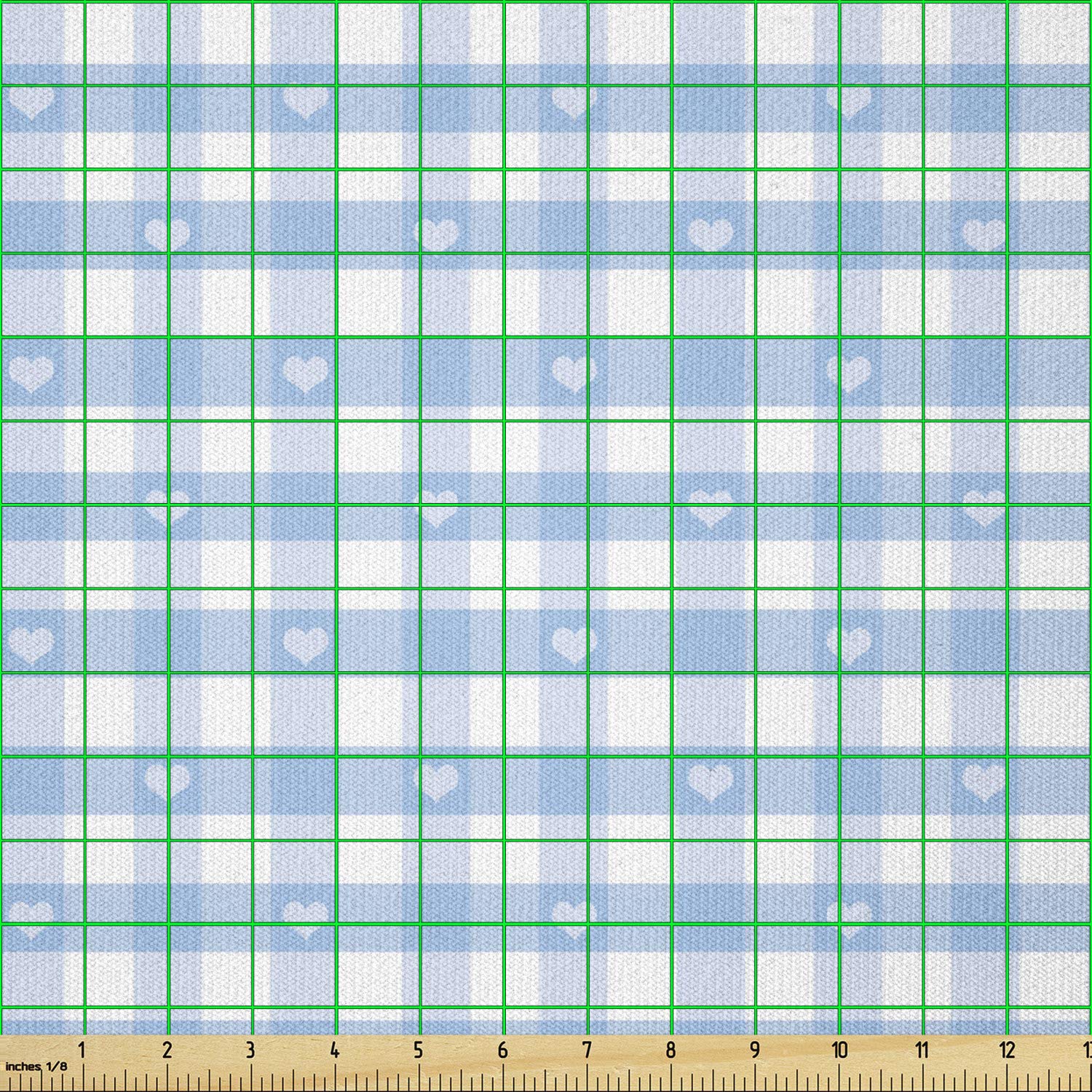 Ambesonne Checkered Fabric by The Yard, Gingham Motif with Little Hearts Pastel Blue Shower Theme, Stretch Knit Fabric for Clothing Sewing and Arts Crafts, 1 Yard, Blue White
