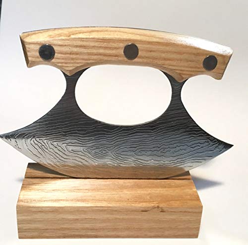 Arctic Circle Alaska Ulu Wood Handle Dipper Design Forged Damascus Blade Wood Stand