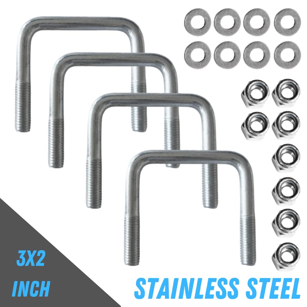 3x2 Inch U-Bolt for ROPS, Rectangular Beams, & More | Alloy Steel Zinc Coated | 1/2" D x 3-1/16" W x 3-1/2" L (D x Inside W x Inside L) | Zinc Coated | 8X Nyloc Nuts, 8X Washers & 4X U-Bolts