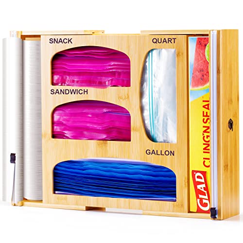 Bamboo 6 In 1 Foil and Plastic Wrap Organizer, Ziplock Bag Organizer/Holder Wrap Dispenser With Slide Cutter, for kitchen Drawer or House Wall Use, for Gallon,Quart,Sandwich Bag etc.