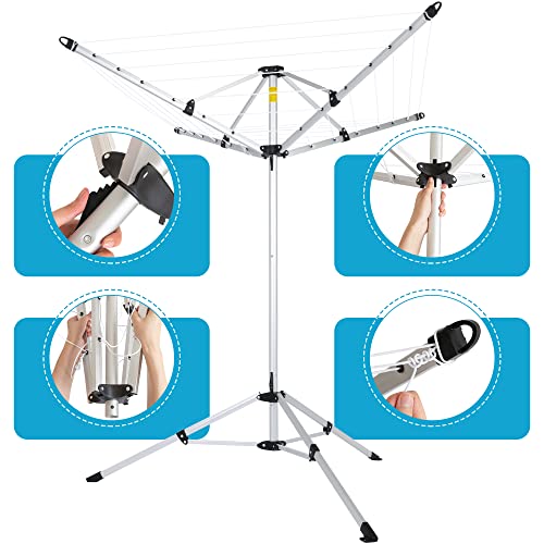 Drying Natural Clothes Airer Outdoor Portable 4-arm Aluminum Drying Rack w/Ground Stake, Carry Bag, 28-Lines with 65 ft. Umbrella Clothesline