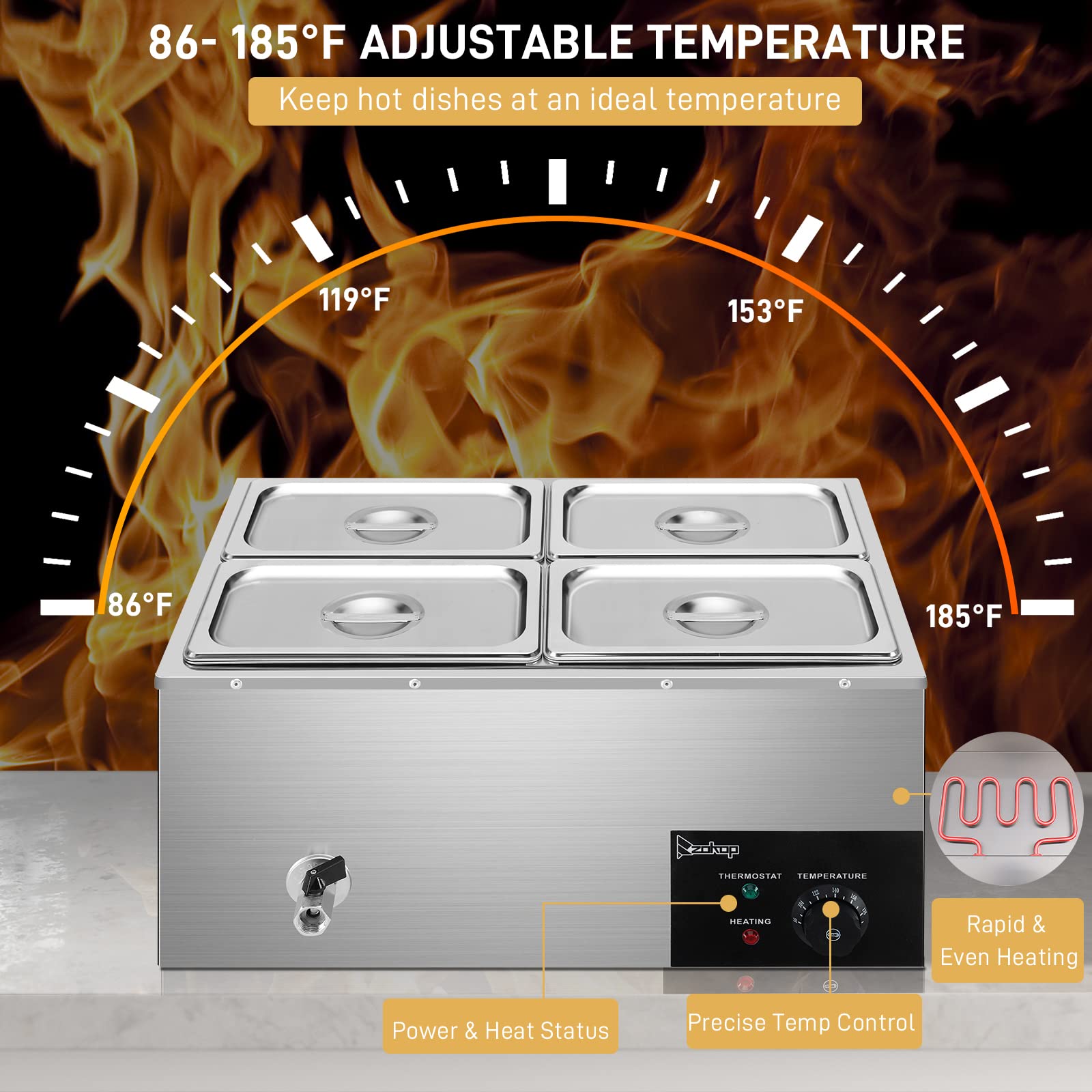 600W Commercial Food Warmer 5L x 4 Stainless Steel Plates Heating Food Warming Soup Pool 30-85°C/86-185°F