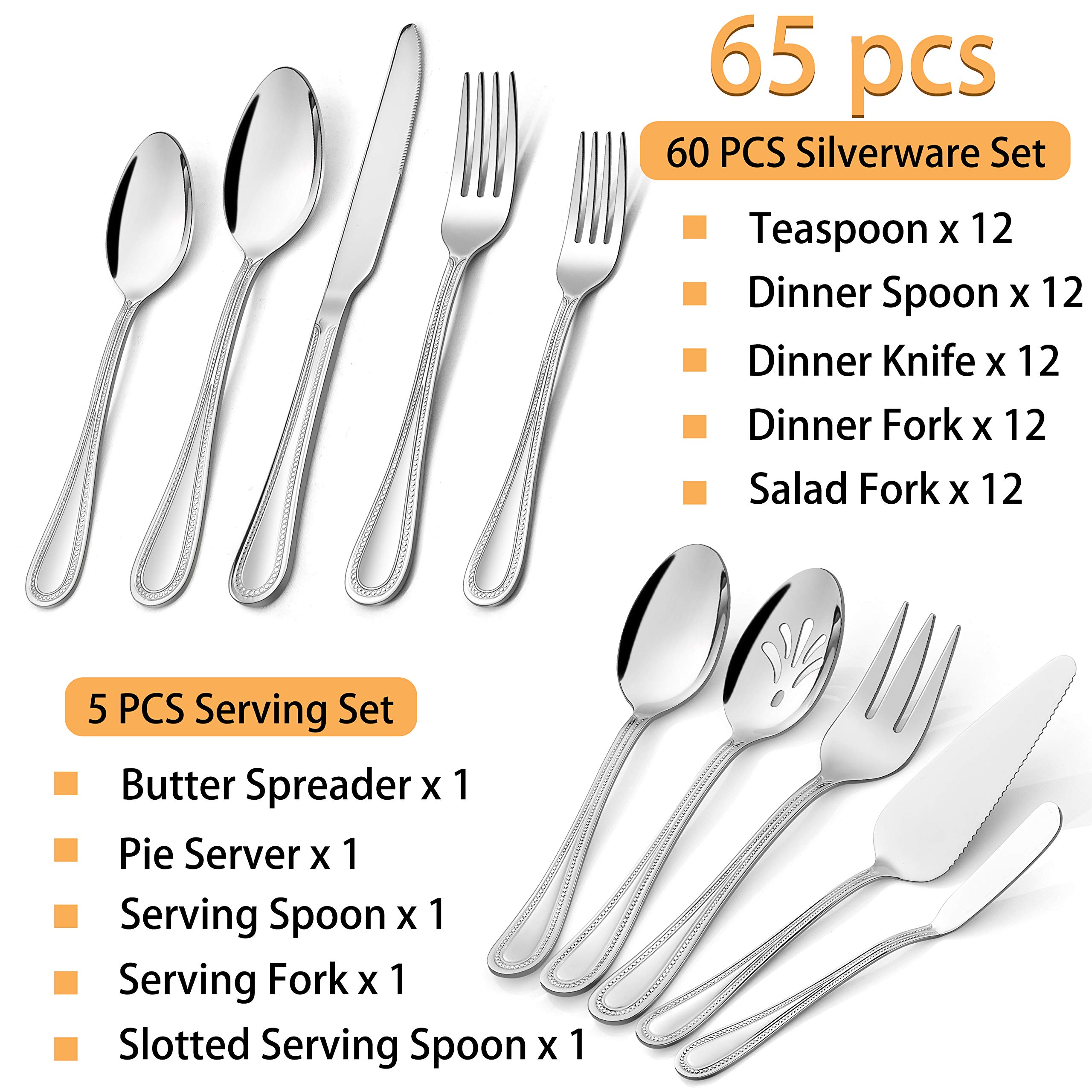 65-Piece Silverware Set with Serving Utensils, HaWare Stainless Steel Flatware Service for 12, Pearled Edge Tableware Cutlery for Home Restaurant Party, Mirror Polished, Dishwasher Safe