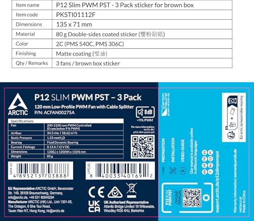 ARCTIC P12 Slim PWM PST (3 Pack) - PC Fans, 120mm Case Fan with PWM Sharing Technology (PST), Pressure-optimised, Quiet Motor, Computer, Extra Slim, 300–2100 RPM - Black