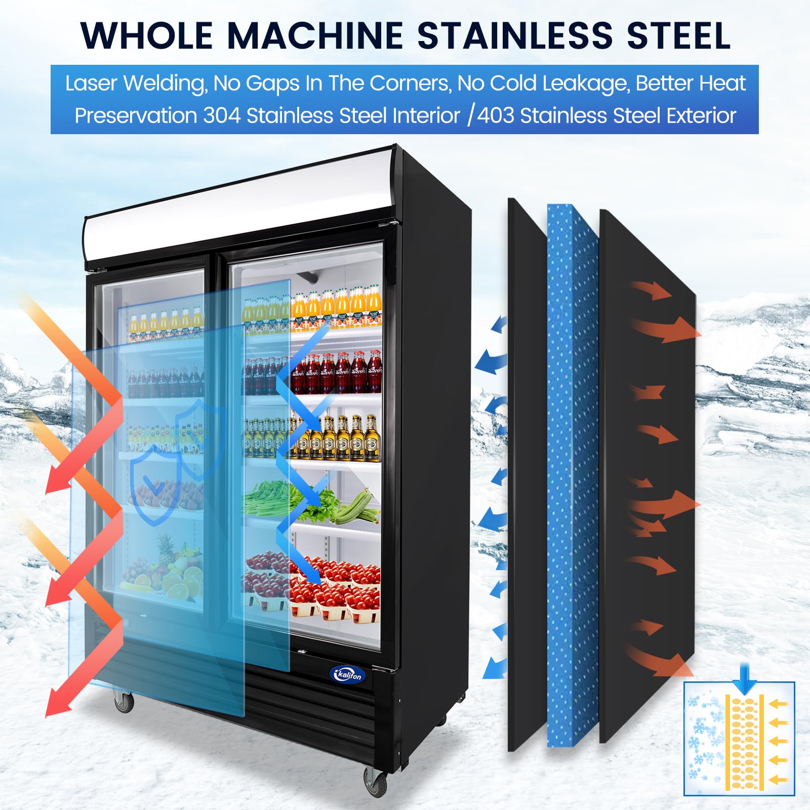 kalifon Commercial Glass 2 Door Display Refrigerator 49 Cu.Ft Beverage Cooler Merchandiser Upright with LED Light for Home Restaurant Grocery Stores