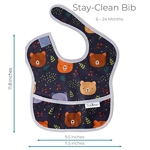 Tickleton Waterproof Baby Bib for Eating |6-24 Months Infant Boy & Girl Feeding Bibs with Pocket |Machine Washable |Odor and Stain Resistant |Lightweight |Cute Unisex Designs with Bright Colors