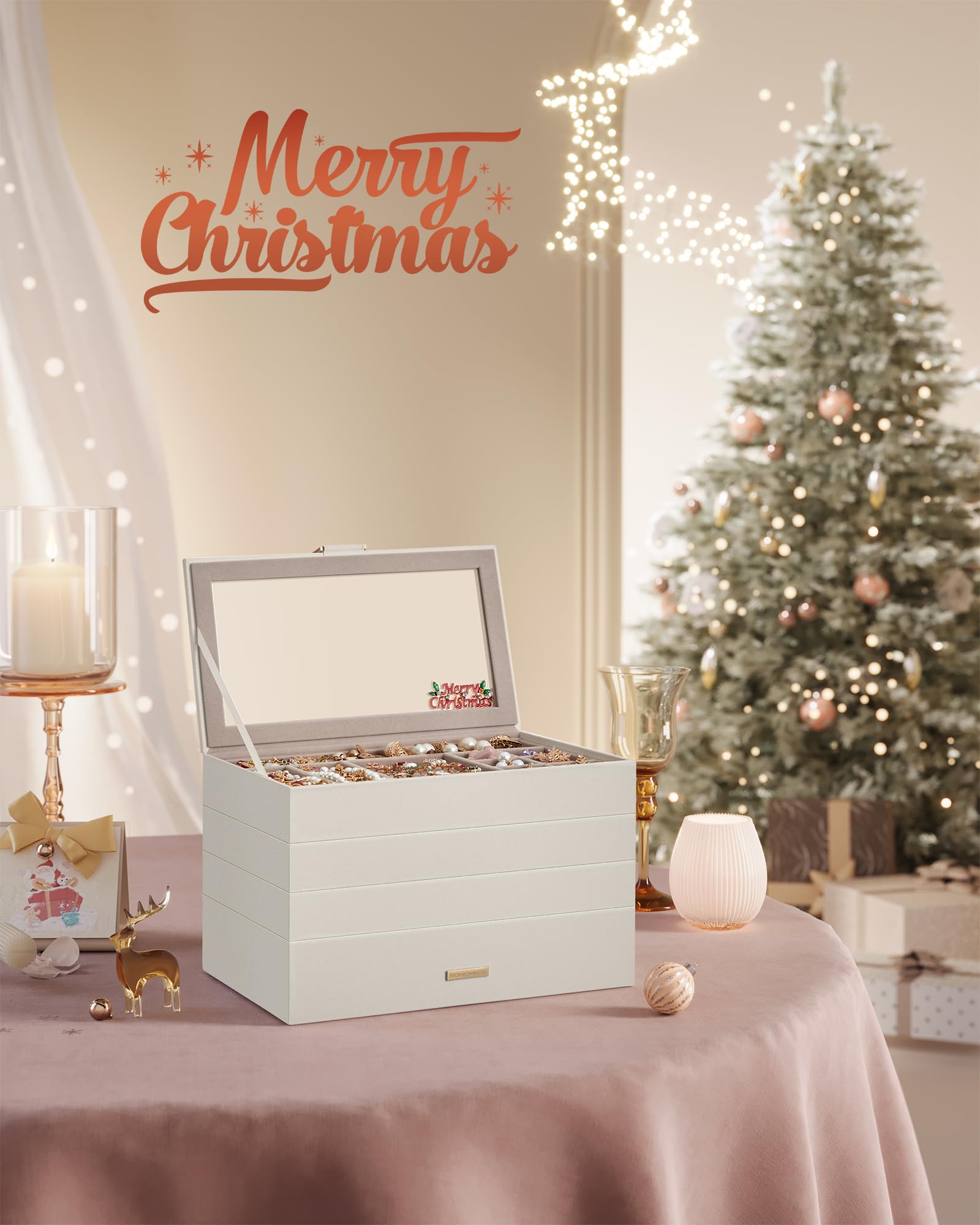 SONGMICS Stackable Jewelry Trays, 4-Tier Jewelry Box, Drawer Jewelry Organizer, with Glass Lid, Removable Dividers, for Vanity Table, 6.7 x 11 x 7.2 Inches, Christmas Gift, Cloud White UJBC164W01