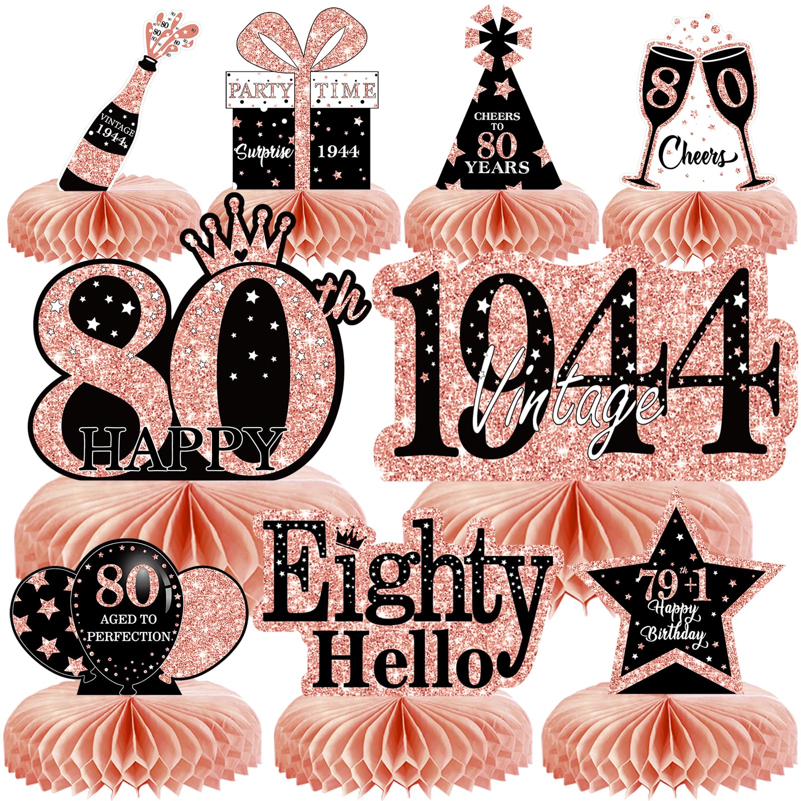 9Pcs 80th Birthday Decorations Honeycomb Centerpieces for Women, Rose Gold Happy 80th Birthday Centerpieces Tables Toppers Party Decorations Supplies, Vintage 1944 Aged Birthday Table Sign Decor