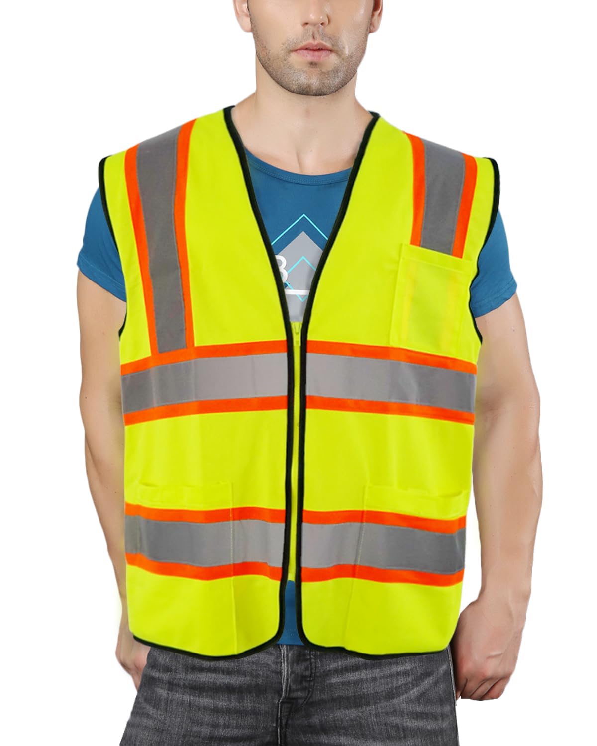 T-Sheng A Mesh and Knitted Safety Vest for Men with Pockets and Zipper Bright Neon Color with Reflective Strips,High Reflective Vest Fit Unisex Perfect M