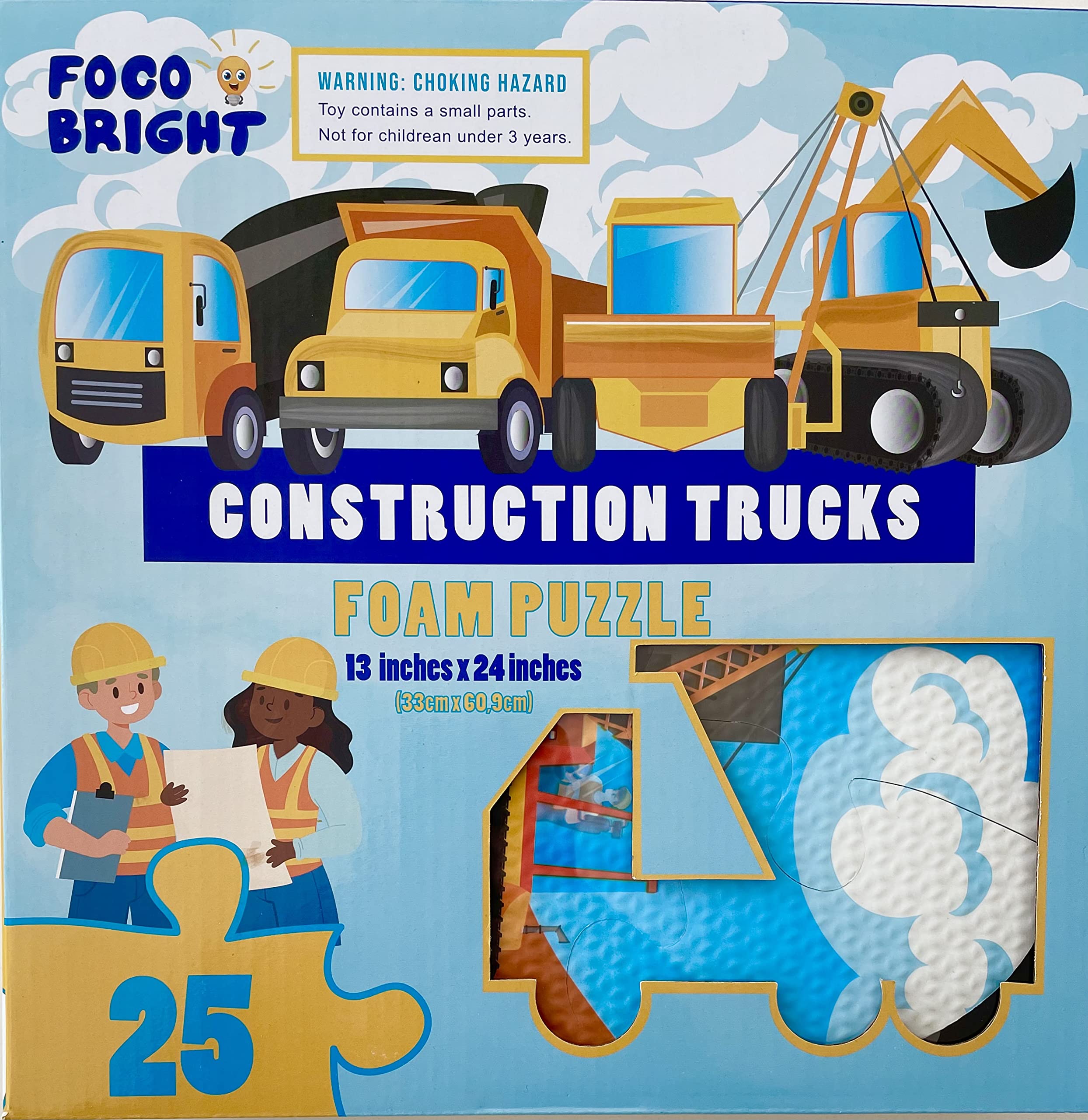 Construction Trucks Foam Puzzle -Excavator, Crane Truck, Cement Mixer, Dump Cones and Workers- Educational Truck Floor for Kids - 25 Pieces Bright! Yellow, Orange, Green Zone Kids! 13x24 inches