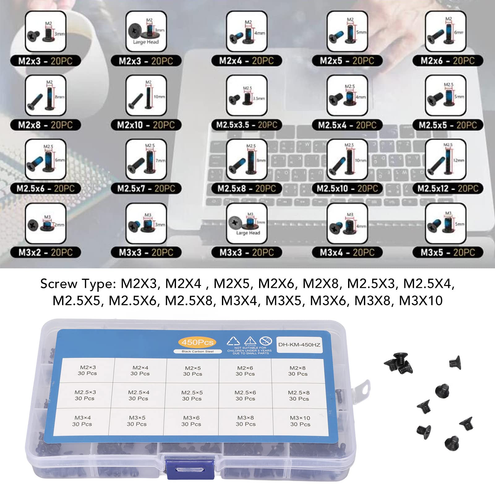 450 Pcs/Set M2 M2.5 M3 Laptop Notebook Computer Screws Replacement Kit, with Storage Box, for Repair of All Major Brands of Laptops
