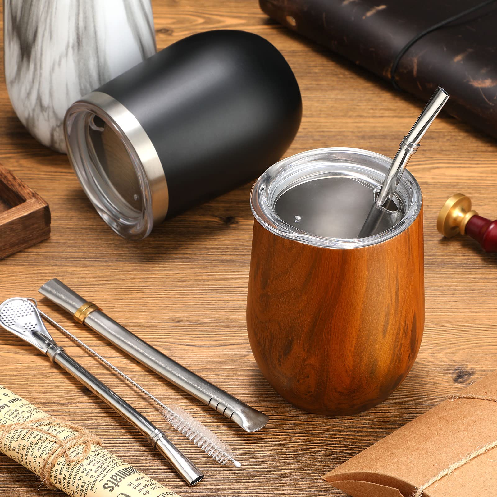 3 Packs Mate Cup and Bombilla Set, Including 12 oz Yerba Mate Cup Stainless Steel Double Walled Mate Tea Cup with Lid, Bombilla Yerba Mate Straw and Cleaning Brush for Yerba Mate, Tea, Coffee, Drinks