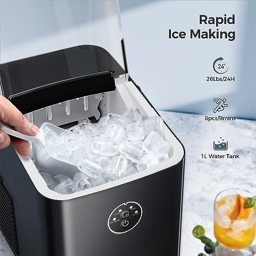 AGLUCKY Ice Makers Countertop, Portable Ice Maker Machine 26lbs/24Hrs,8 Bullet Ice Cubes of 2 Sizes Ready in 9 Mins,Self-Cleaning Ice Machine with Handle for Home/Kitchen/Office