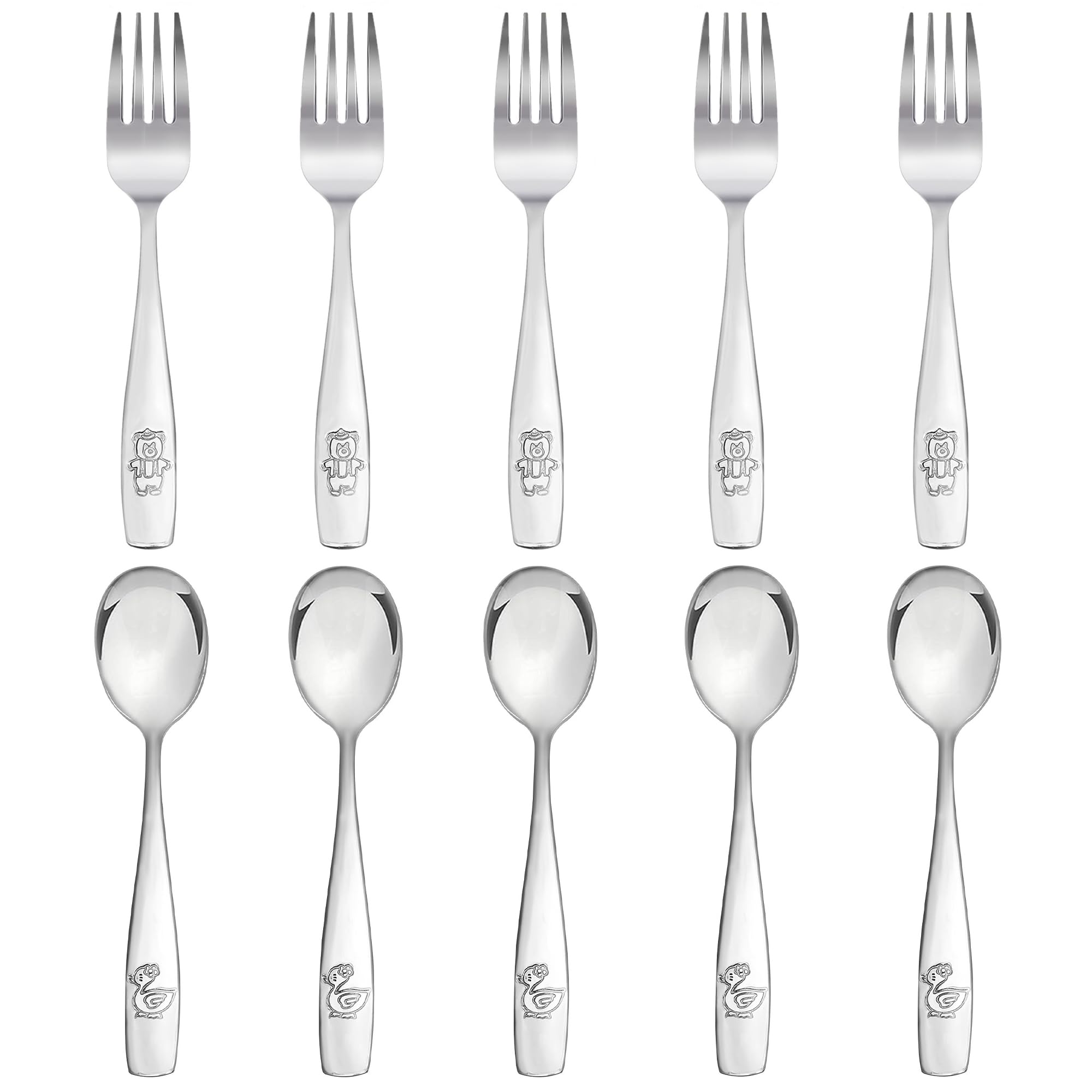 PLASKIDY Kids Silverware Stainless Steel Set of 10 Toddler Utensils Forks and Spoons - Dishwasher Safe Kids Flatware Set Children's Safe Cutlery Set