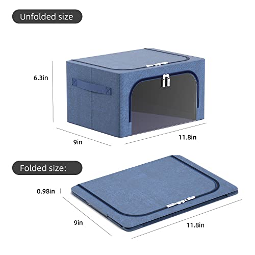 3 Pack Clothes Storage Box - Foldable Stackable Fabric Organizer for Clothing Metal Frame Storage Bins Box with Sturdy Handles and Large Clear Window (11L, Grey)