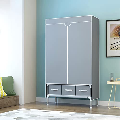 ASSICA Portable Clothes Closet Rolling Door Wardrobe with Hanging Rack Non-Woven Fabric Storage Organizer with Three Drawer Boxes No-Tool Assembly - 35.4 x 17.7 x 67.0 ββ (Gray)