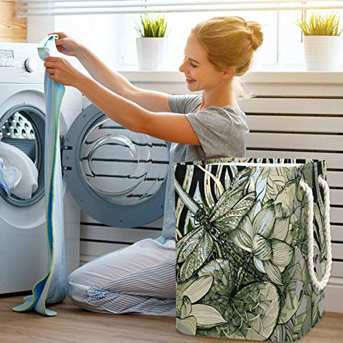 Toy Storage Basket Green Dragonfly Flower Laundry Basket with Durable Soft Handle Drawstring Waterproof Collapsible Washing Bin Dirty Clothes Storage 19.3x11.8x15.9 in