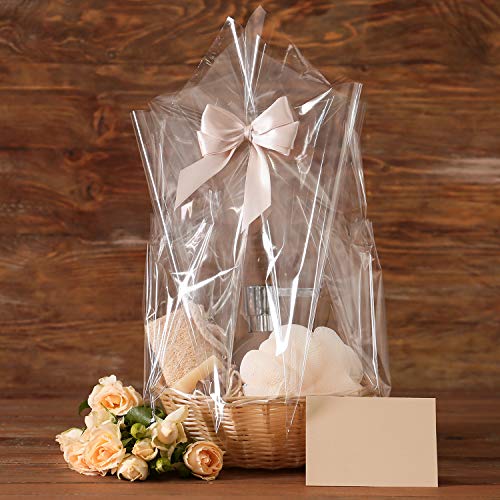 Morepack Easter Large Cellophane Bags,26x32 Inch Big Clear Basket Bags 10PCS Cellophane/Cello Wrap for Gift Baskets