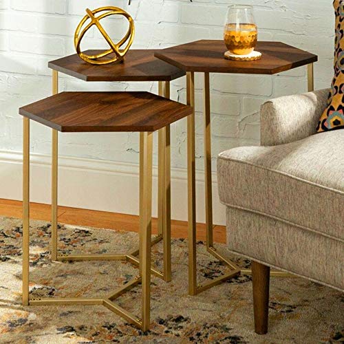 3 Pc Modern Hexagon Nesting Coffee Accent Table for Living Room Gold Side Table Set Decor Table Plants Stand Space Saving Easy to Move Home Office Furniture