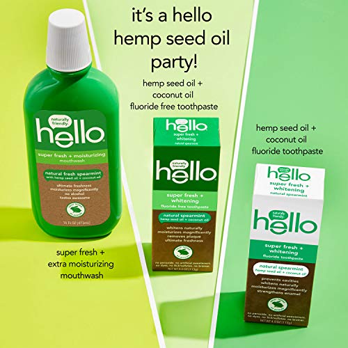 Hello Vegan Fluoride Free Toothpaste, Super Fresh Spearmint, Naturally Whitening Toothpaste, Hemp Seed Oil + Coconut Oil, Helps Remove Plaque, No SLS/Sulfates, 4 Ounce