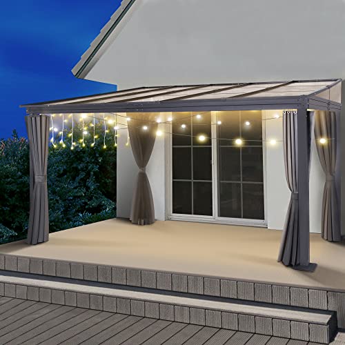 GARTOO 10' x 13' Outdoor Hardtop Gazebo, Wall-Mounted Aluminum Frame Pergola Sunroom with Sloping Polycarbonate Roof & Double Curtains for Garden, Lawn, Outdoor Party, Backyard Deck1