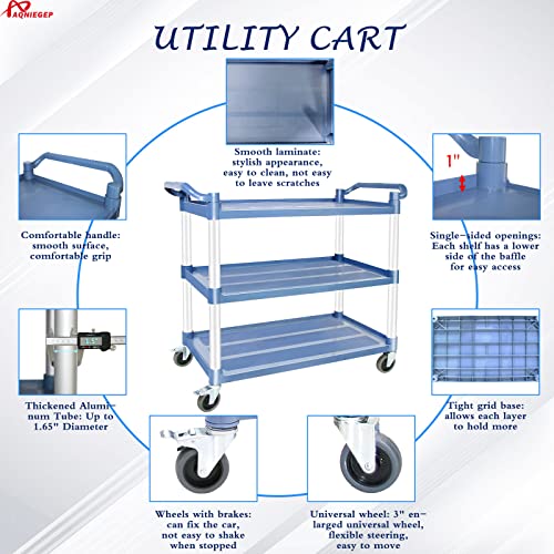AQNIEGEP Utility Carts with Wheels Food Office Restaurant Rolling Cart 510lbs Capacity, Lockable Wheels, Rubber Hammer 16.5" x 31.5" x 39.5"