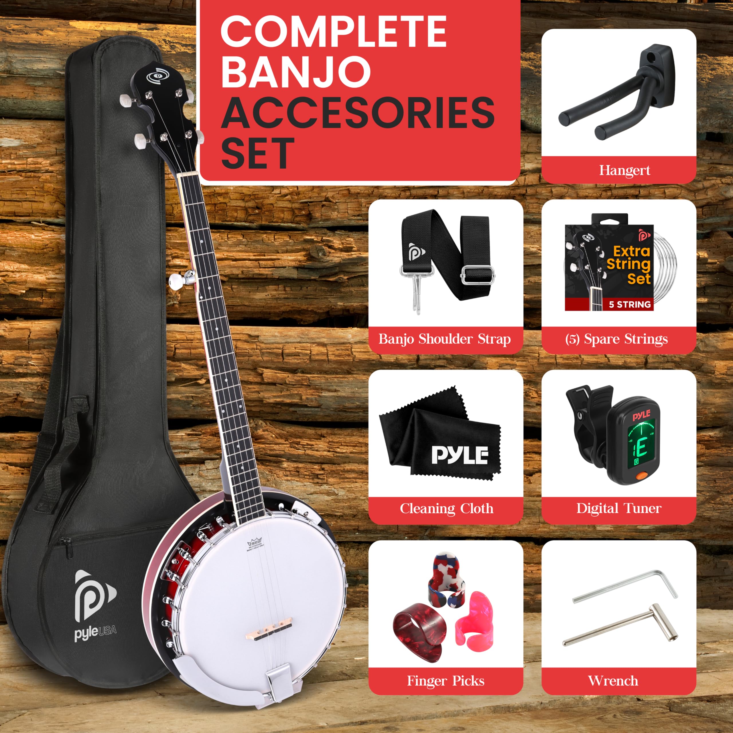Pyle Banjo Kit with Remo Head and Sapele Resonator, 39" Full Size Traditional Open or Closed Back 5 String Instrument with 24 Brackets, Geared 5th Tuner, Premium Accessory Kit (Red Burst)