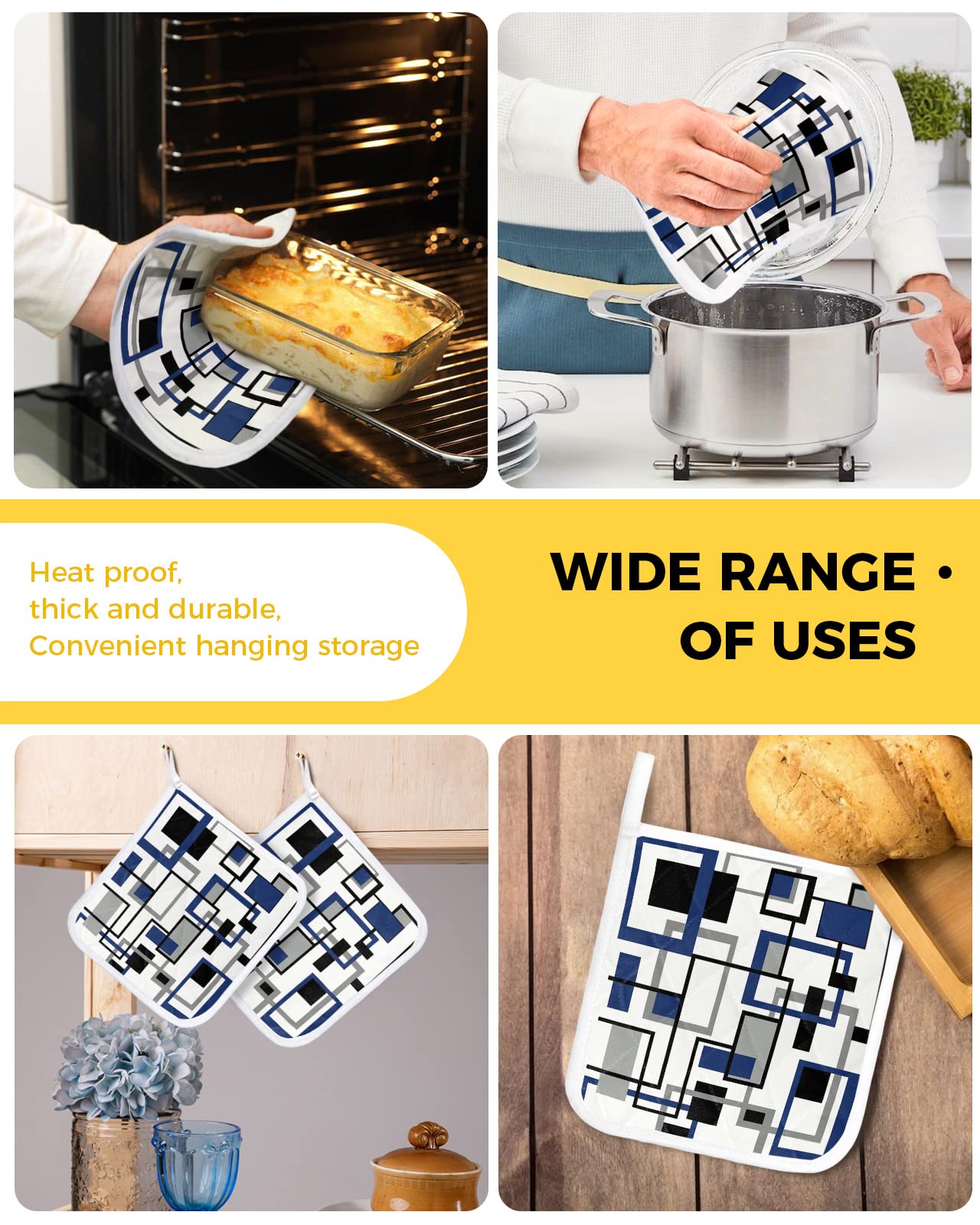 3 Pack Pot Holders for Kitchen,Nordic Royal Blue Checker Stripe Heat Proof Potholder Hot Pads Trivet,Modern Abstract Geometric Washable Coaster Potholders for Cooking Baking Grilling
