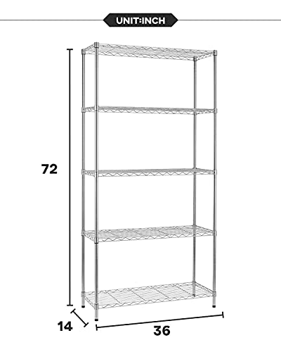 FDW 14''Dx36''Wx72''H 5-Shelf Wire Shelving Large Storage Shelves Adjustable Metal Shelves Heavy Duty Height Commercial Grade Steel Layer Shelves 1250 LBS Capacity,Chrome